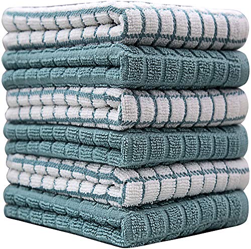Kitchen Towels 16"x 28" | Dish Towels | Kitchen Hand Towels | Large Dishcloths Set | Highly Absorbent Tea Towel, Soft with Hanging Loop | Natural Ring Spun Cotton, 380 GSM | Aqua Check Design - 6 Pack