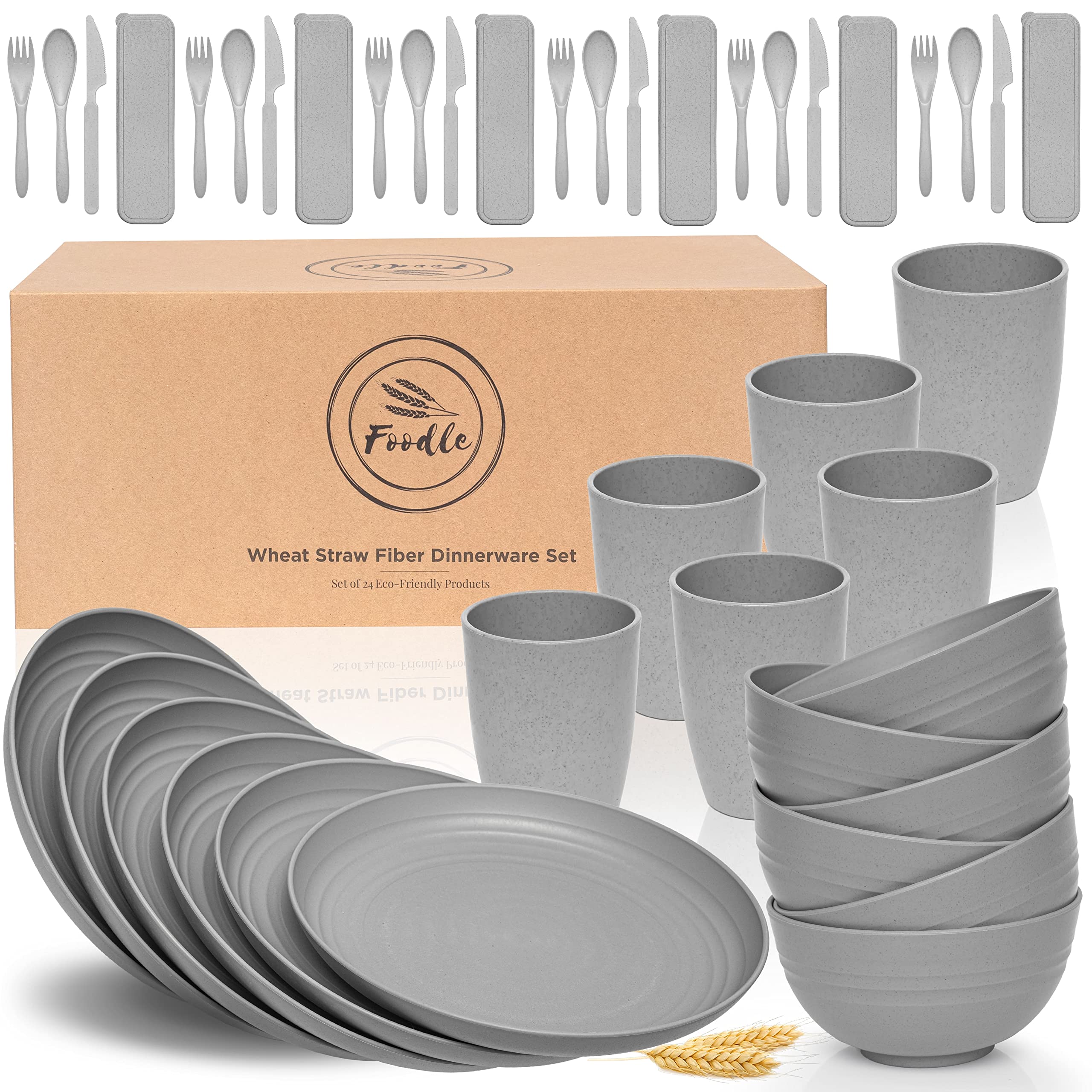 FOODLE Wheat Straw Dinnerware Sets for 6 - Lightweight & Unbreakable - Microwave & Dishwasher Safe - Perfect for Picnic, Dorm, RV Dishes - Camping Plates Cups and Bowls Set - Great for Kids & Adults