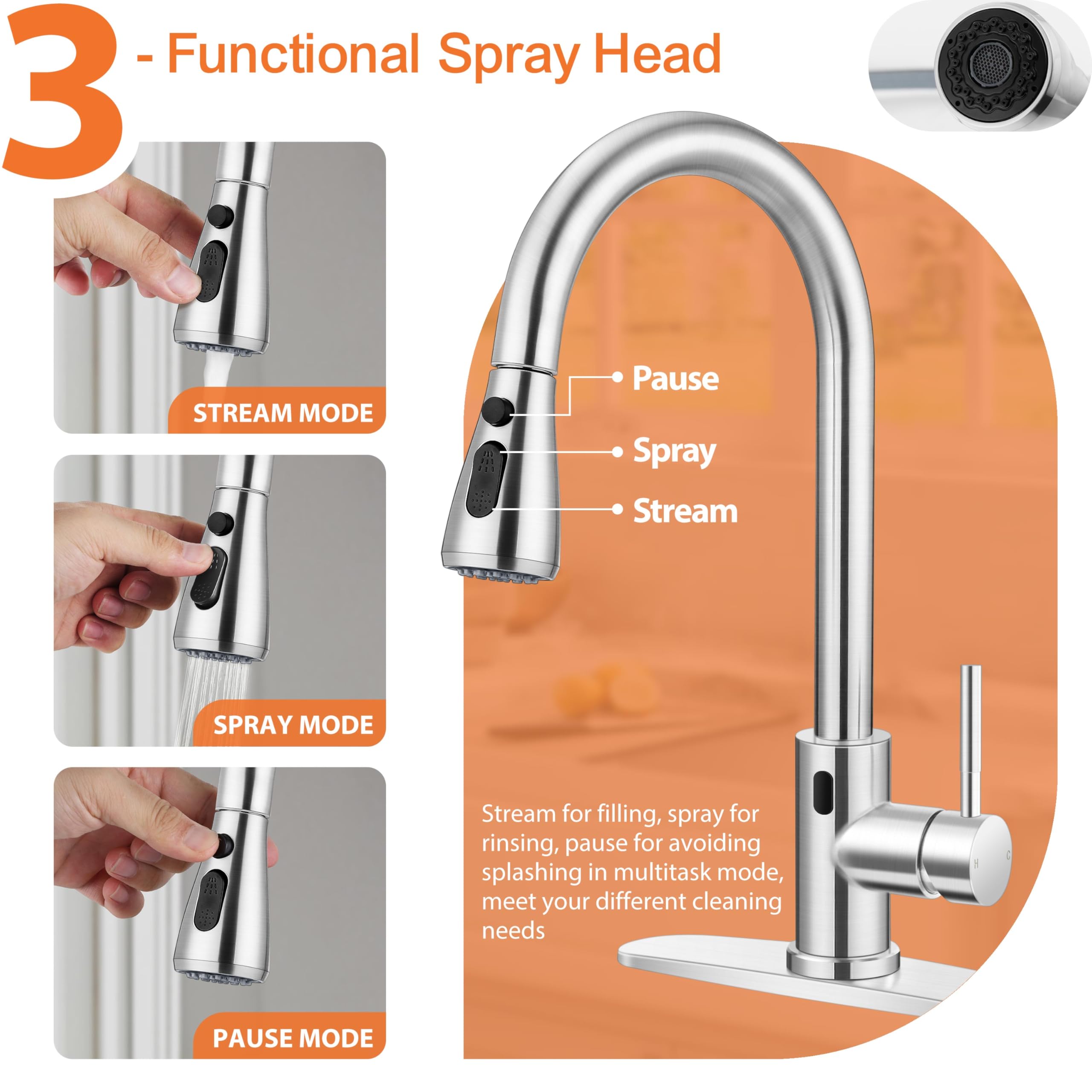 Homikit Touchless Kitchen Faucets with Pull Down Sprayer & Soap Dispenser, Automatic Motion Sensor Smart Faucet for Kitchen Sink, Brushed Nickel Single Handle Stainless Steel Faucet for Farmhouse RV