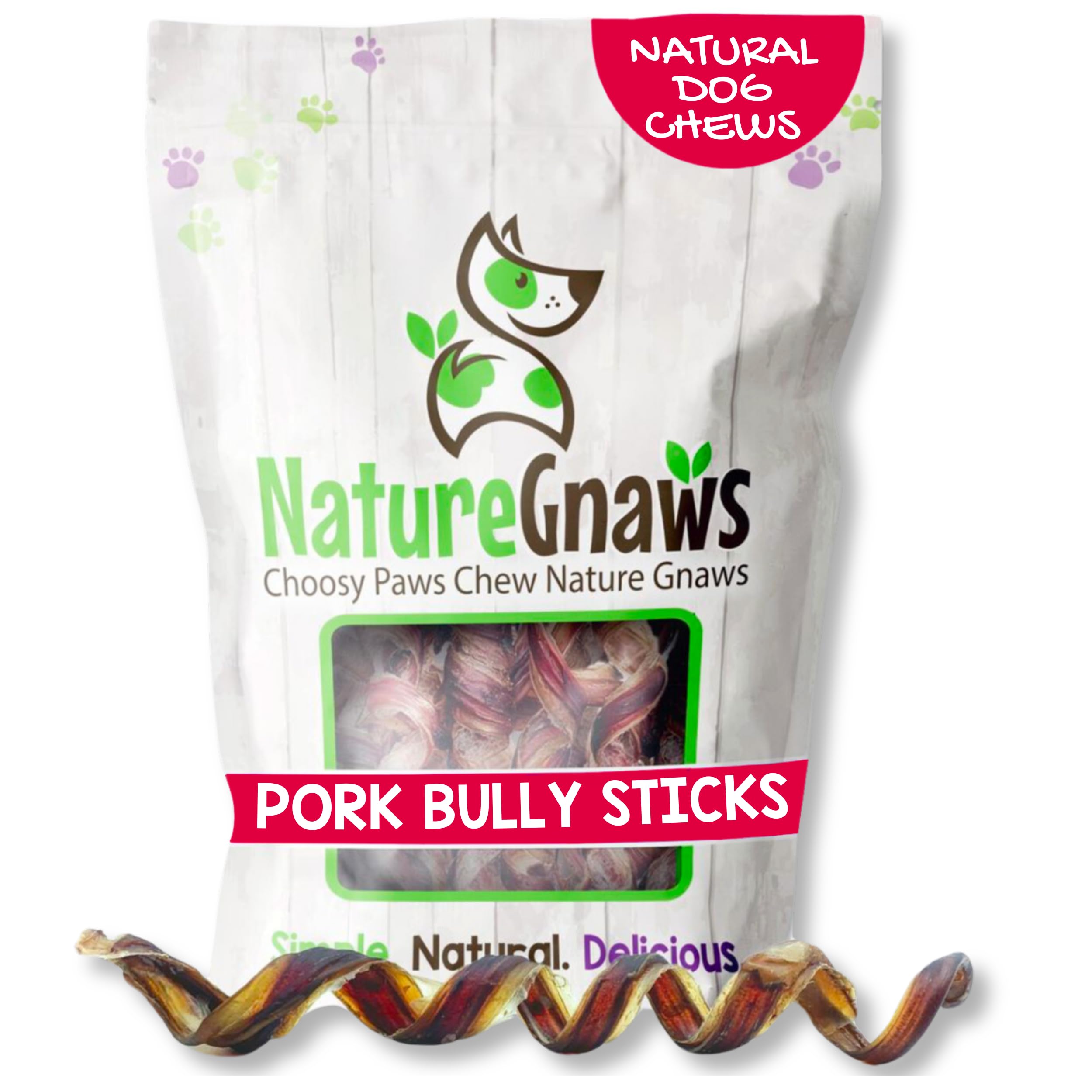 Nature Gnaws Pork Bully Stick Springs for Dogs 7-8" (12 Count) - Long Lasting for Small and Medium Dogs - Natural Bacon Dog Chew Treats - Rawhide Free