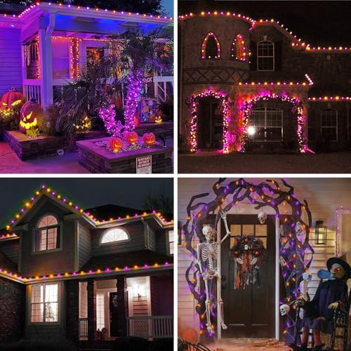 KAQ-2PK 100 LED 66ft Extendable C9 Halloween String Lights, Outdoor Halloween Tree Lights Green Wire for Patio Christmas Trees Fall Lights Halloween Decorations (Orange and Purple)