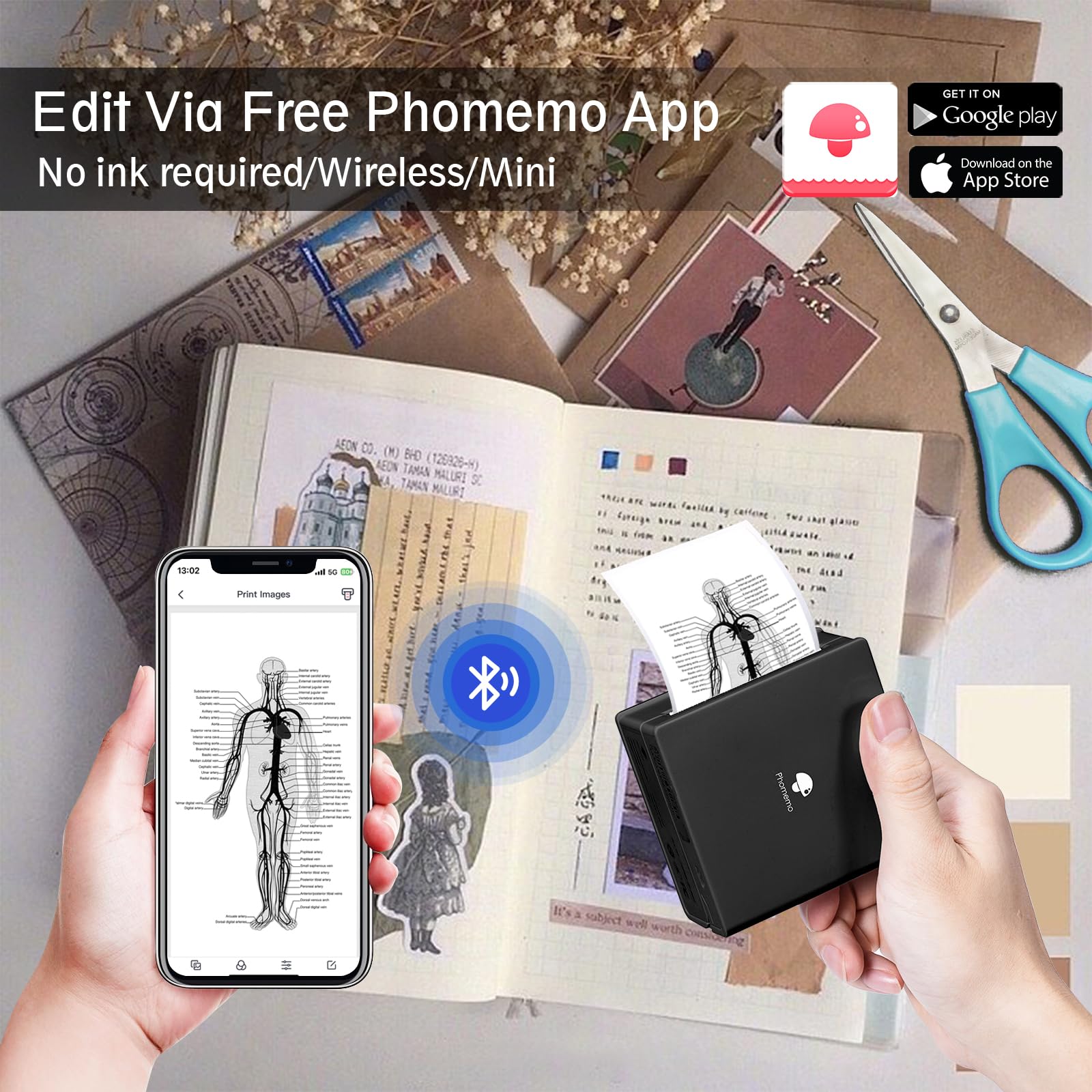 Phomemo M02 Sticker Printer - 2024 Mini Pocket Printer Portable Thermal Inkless Photo Printer via Bluetooth - Good for Exam Notes, Study Notes, Scrapbooking, Journal, Work, Gifts