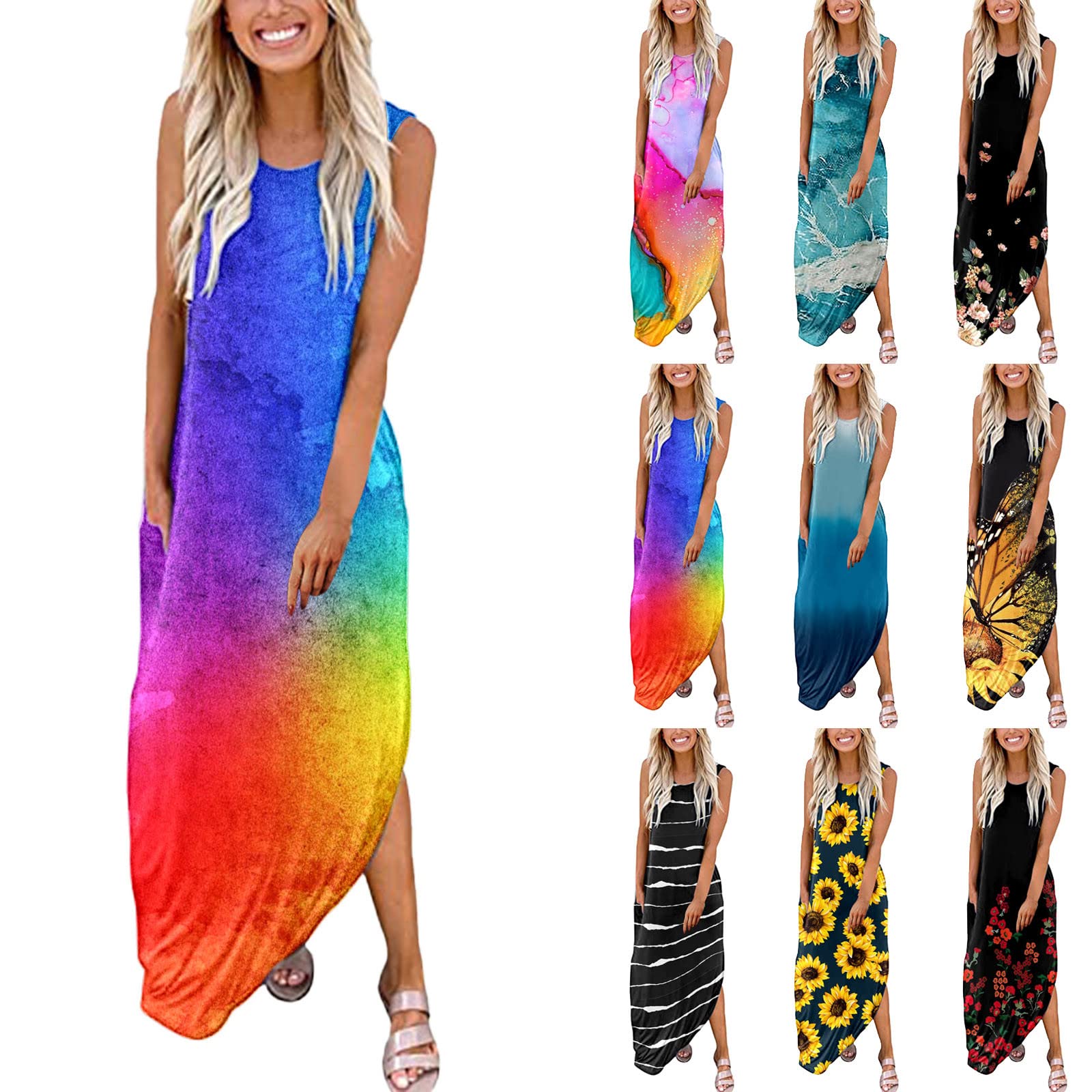 Formal Women Maxi Dress Summer Spring O Neck Dresses Sleeveless Split Long Boho Pocket Tank Beach Guest Skirts Blue
