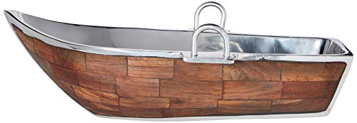 Godinger Wood Lined Boat Bowl with Salad Server, Silver