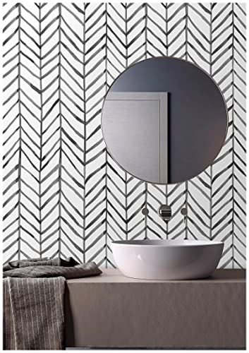 HAOKHOME 96020-1 Boho Stripe Peel and Stick Wallpaper Herringbone Black White Vinyl Self Adhesive Room Decor Contact Paper 17.7in x 9.8ft