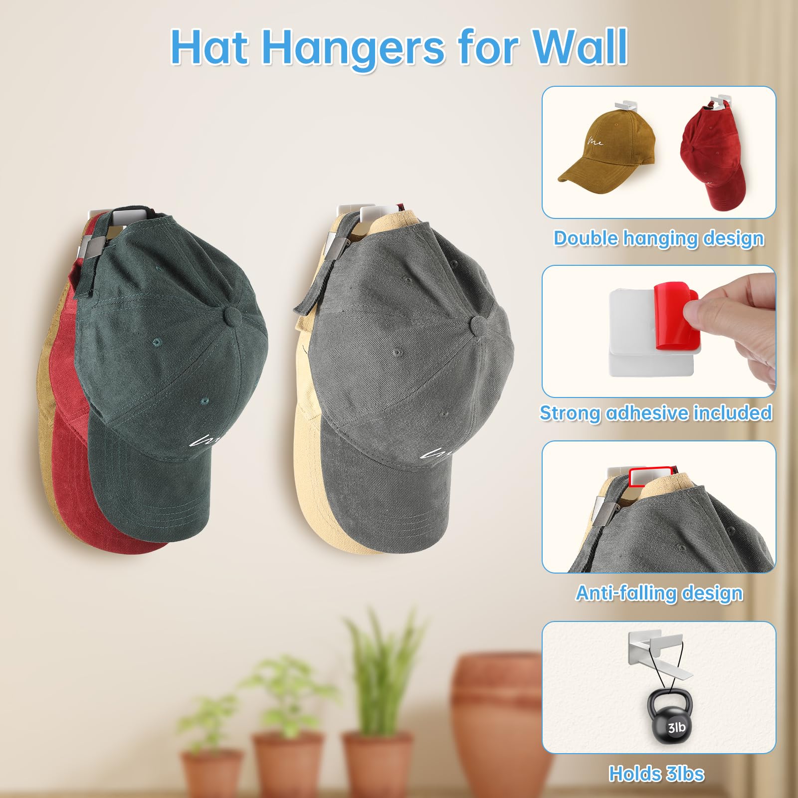 Lokuc Hat Stand for Baseball Caps Set, Contains 2 Hat Organizer, 5 Hat Rack for Wall, Holds 19 Caps, Acrylic Hat Organizer for Baseball Caps Display Suitable for Wardrobe, Dressing Table