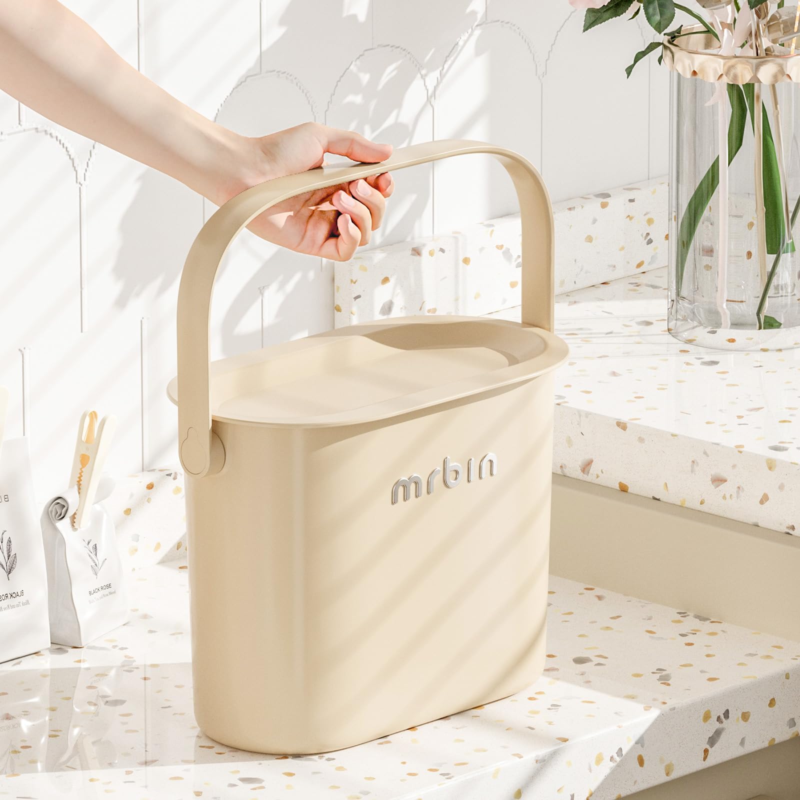 MRBIN Countertop Compost Bin Slim Kitchen Trash Can with Lid, Small Dustbin for Food Waste Recycle Indoor, White