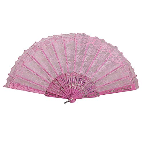 Fan Lace Wedding Chinese Silk Style Party Folding Hand Flower Dance Held Fans Wall Mount Fan Small (Pink, One Size)