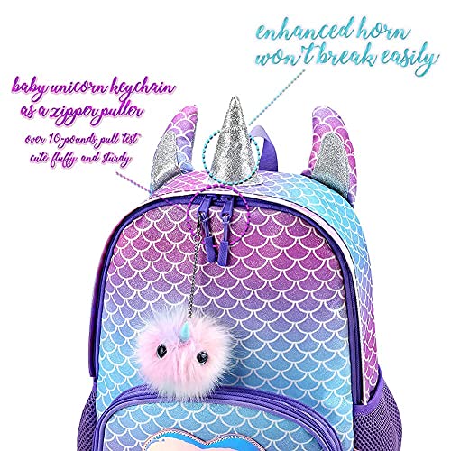 mibasies Kids Unicorn Backpack for Girls Rainbow School Bag with Lunch Box((Mermaid Purple)