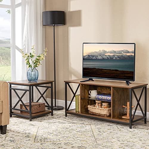 KSWIN Industrial End Table Side Table with 2-Tier Storage Shelf, 18'' Square Nightstand Bedside Table X-Design Metal Frame for Living Room Bedroom, Rustic Brown