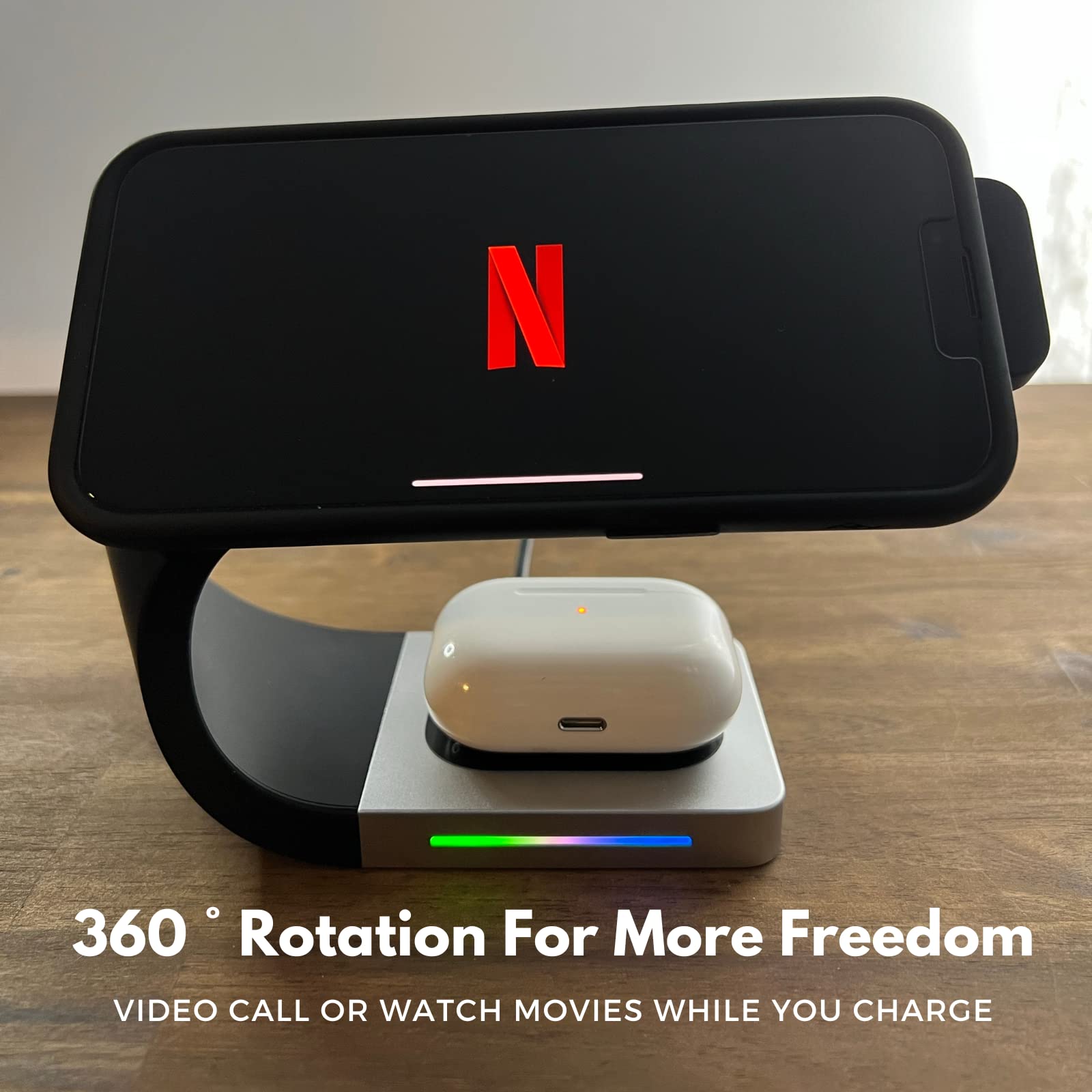 GRAV Wave Charge LFX-178; 3 in 1 Wireless Charging Station; Compatible with Apple iPhone, Apple Watch and Airpods; 15W MagSafe Charging Station; 18W Qualcomm 3.0 Quick Charge USB Adapter; (Black)