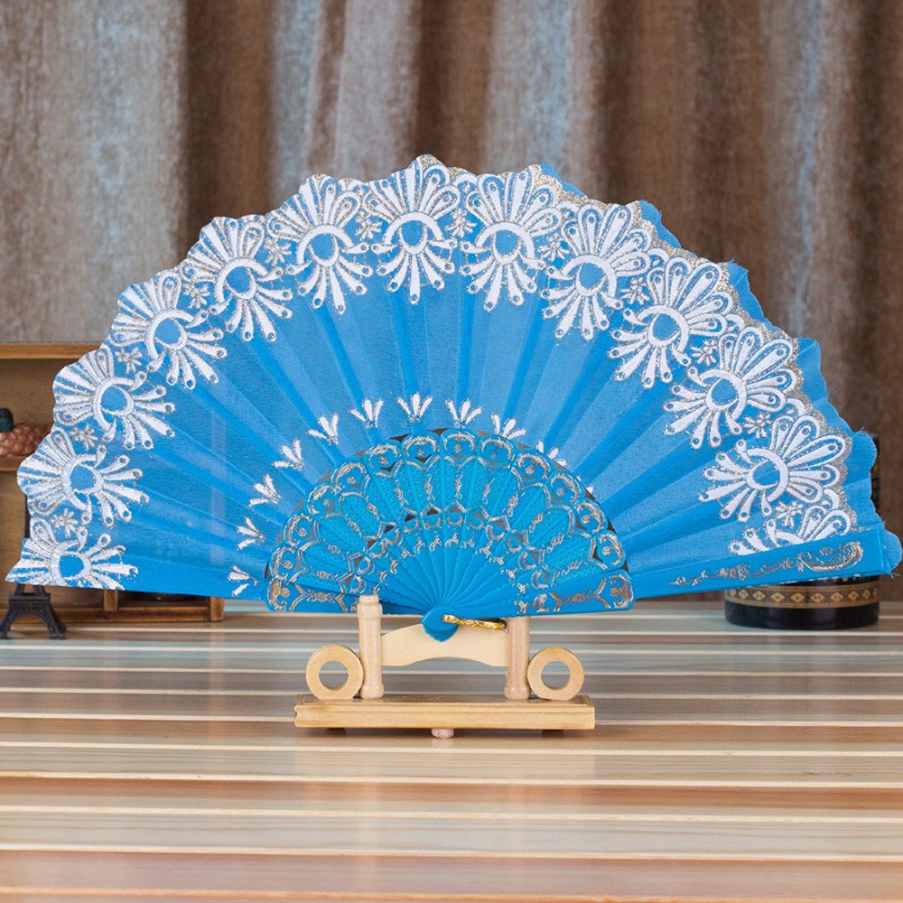 Fan Wedding Chinese/Spanish Flower Held Party Dance Hand Silk Folding Lace Style Tools & Home Improvement Spirit Party Decorations (Sky Blue, One Size)