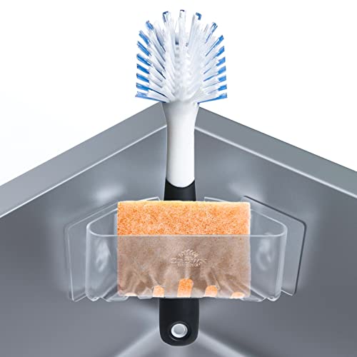 The Crown Choice Kitchen Sponge and Brush Holder – Space Saving Corner Sink Caddy - Sponge Holder Plastic, Adhesive, Rust Proof and Water Proof – Kitchen Holder Sponges, Scrubbers, Soap