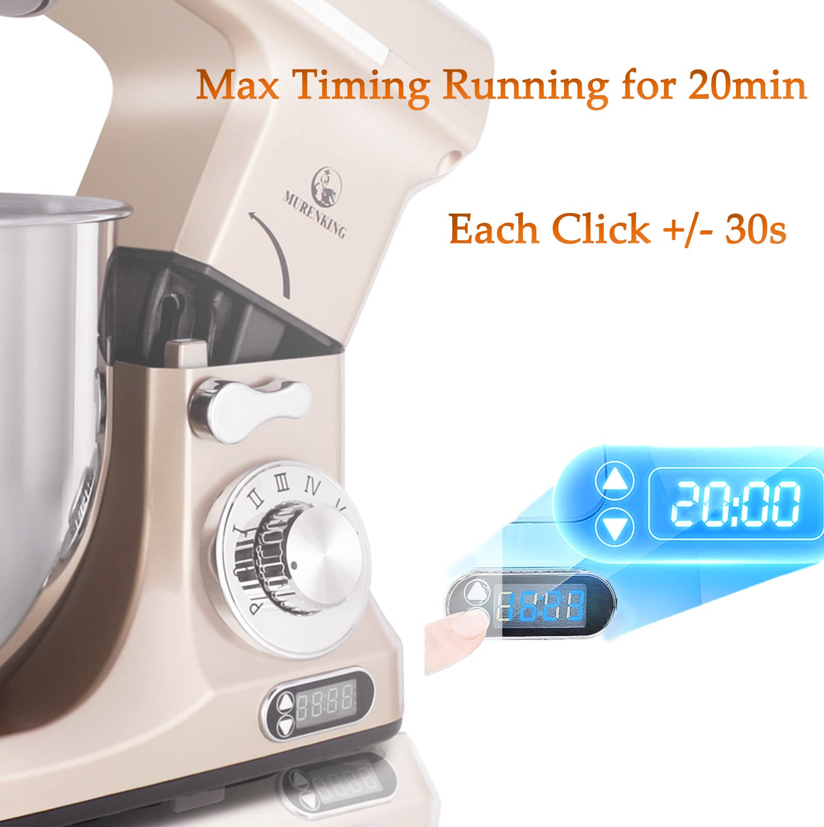 MURENKING Professional Stand Mixer, 6-Qt with Timer, MK37 500W 6-Speed Tilt-Head Food Electric Mixer Kitchen Machine,Plastic (Champagne)