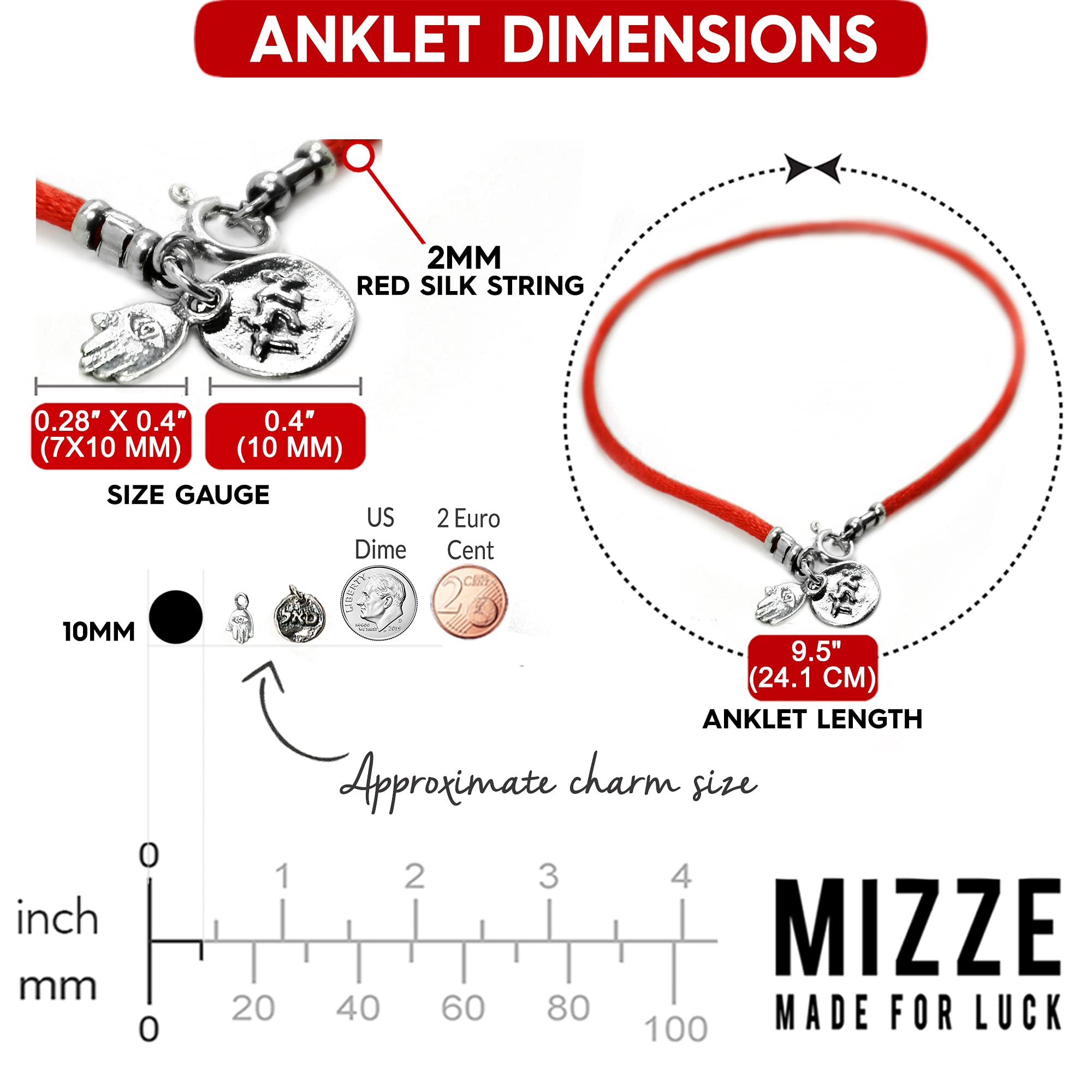 Red Protection & Positive Energy Anklet for Women on Silk String - Sterling Silver Coin Charm & Hamsa Hand Ankle Bracelet for Protection - 9.5" Length with Spring Ring Clasp