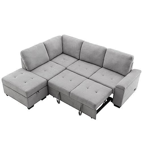 Merax, L-Shape Corner Couch Sofa-Bed with Storage Ottoman & Hidden Arm Storage & USB Charge for Living Room Apartment, Light Gray