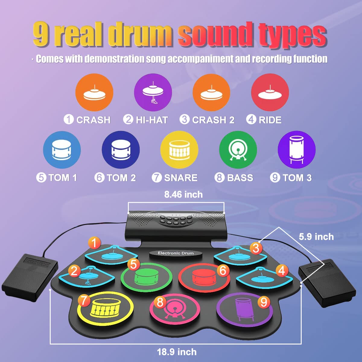 Forstree Electronic Drum Set(Cordless&Rechargeable), 9 Pads Roll-Up Digital Practice Drum Kit for Teens, Beginners, with Double Build-in Stereo Speaker, Drum Sticks, portable Gift for Kids, Christmas