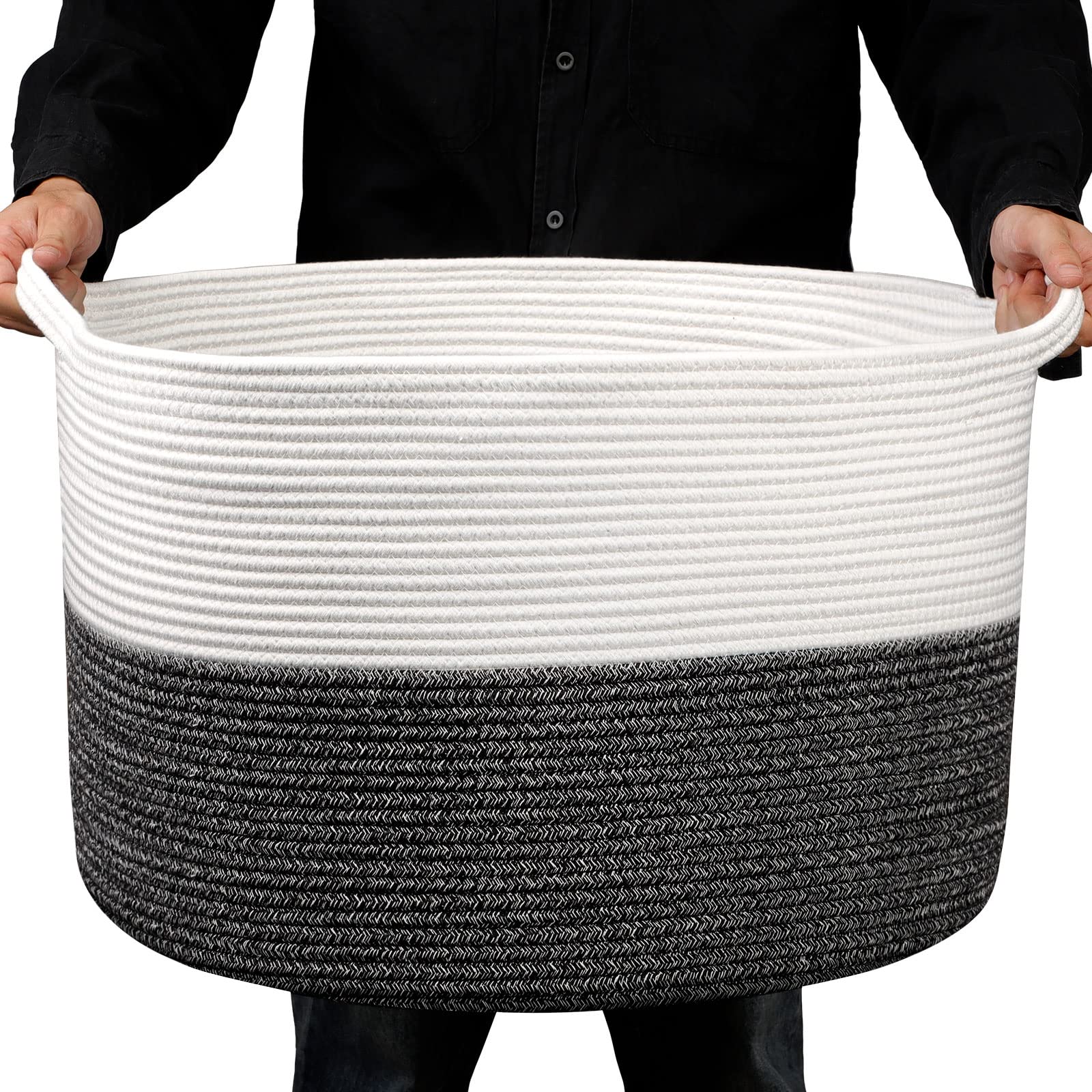 DECATHLON Extra Large Cotton Rope Basket 22" x 14" Woven Blanket Basket Living Room Laundry Hamper Nursery Basket with Handle Toy Comforter Towels Cushions Pillow Storage Organizer Bin