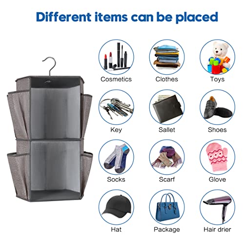Libeder 2-Tier Rotating Closet Organizer, Hanging Closet Organizers and Storage with 12 Pockets, Closet Hanging Shelf Organizer, Shoe Organizer for Closet Small Space, Grey