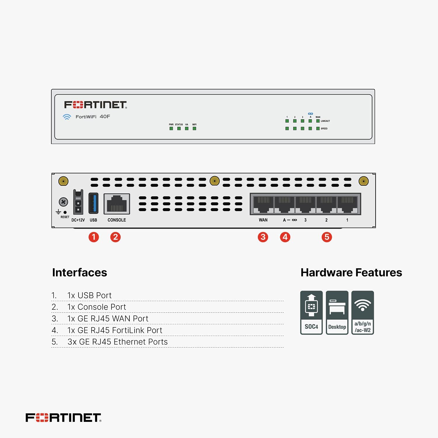 FORTINET FortiGate FG-40F Hardware Next GEN Firewall Network Security/Firewall Appliance - 5 Port - 10/100/1000Base-T - Gigabit Ethernet - 5 x RJ-45 - Wall Mountable Without UTM Bundle