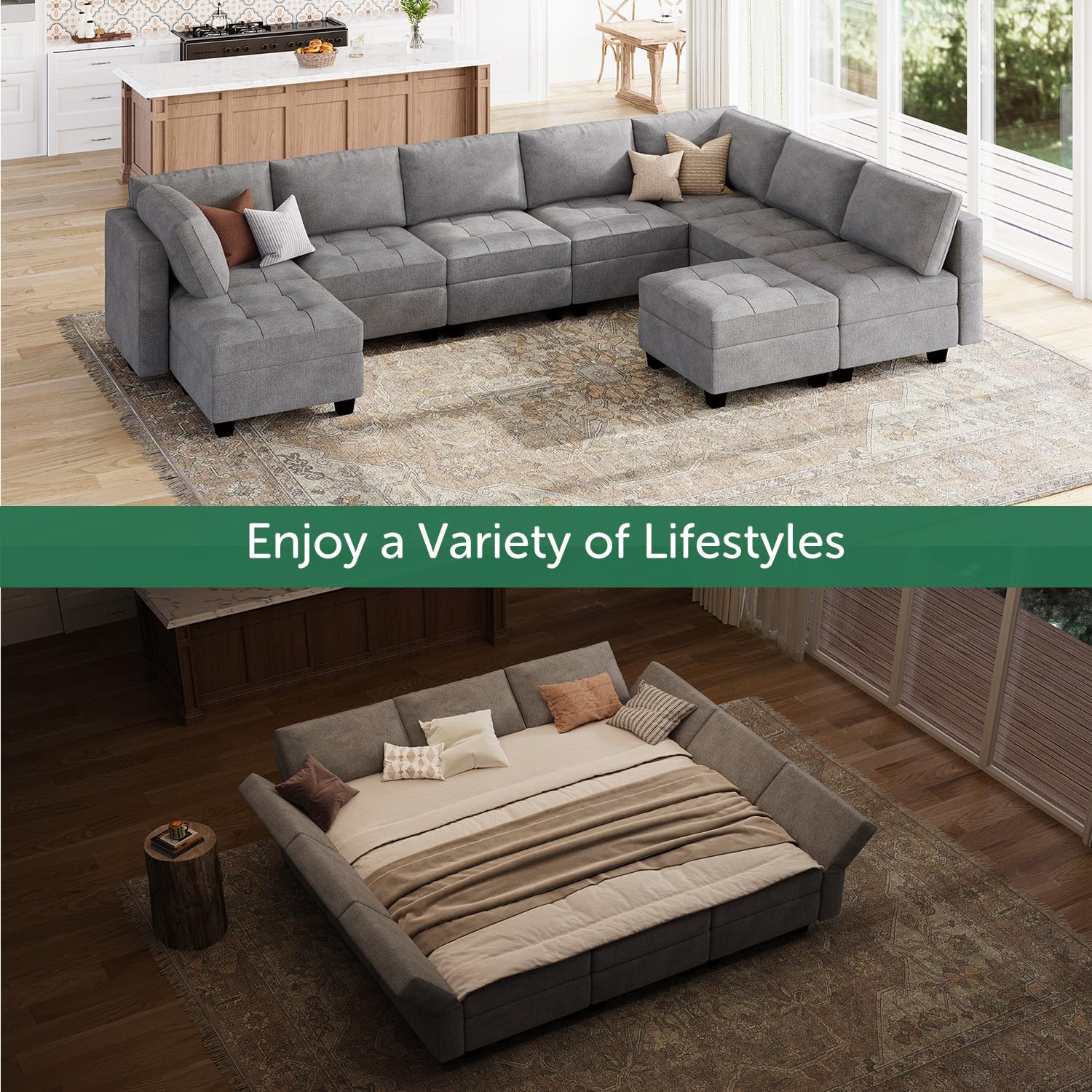 HONBAY Modular Sectional Sofa with Storage Modular Couch with Chaise for Living Room Convertible 9 Seater Sectional Couch Light Grey