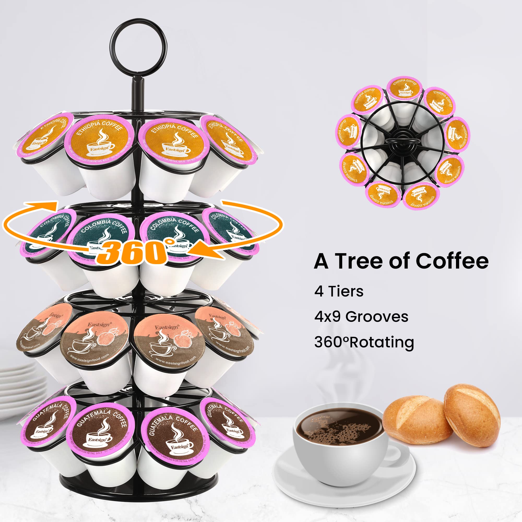 Eastsign Coffee Pod Holder, Coffee Pod Organizer Compatible with 36 K-Cup Pods, Coffee Pod Holder for Counter, Detachable Organizer for Countertop, Spins 360-Degrees