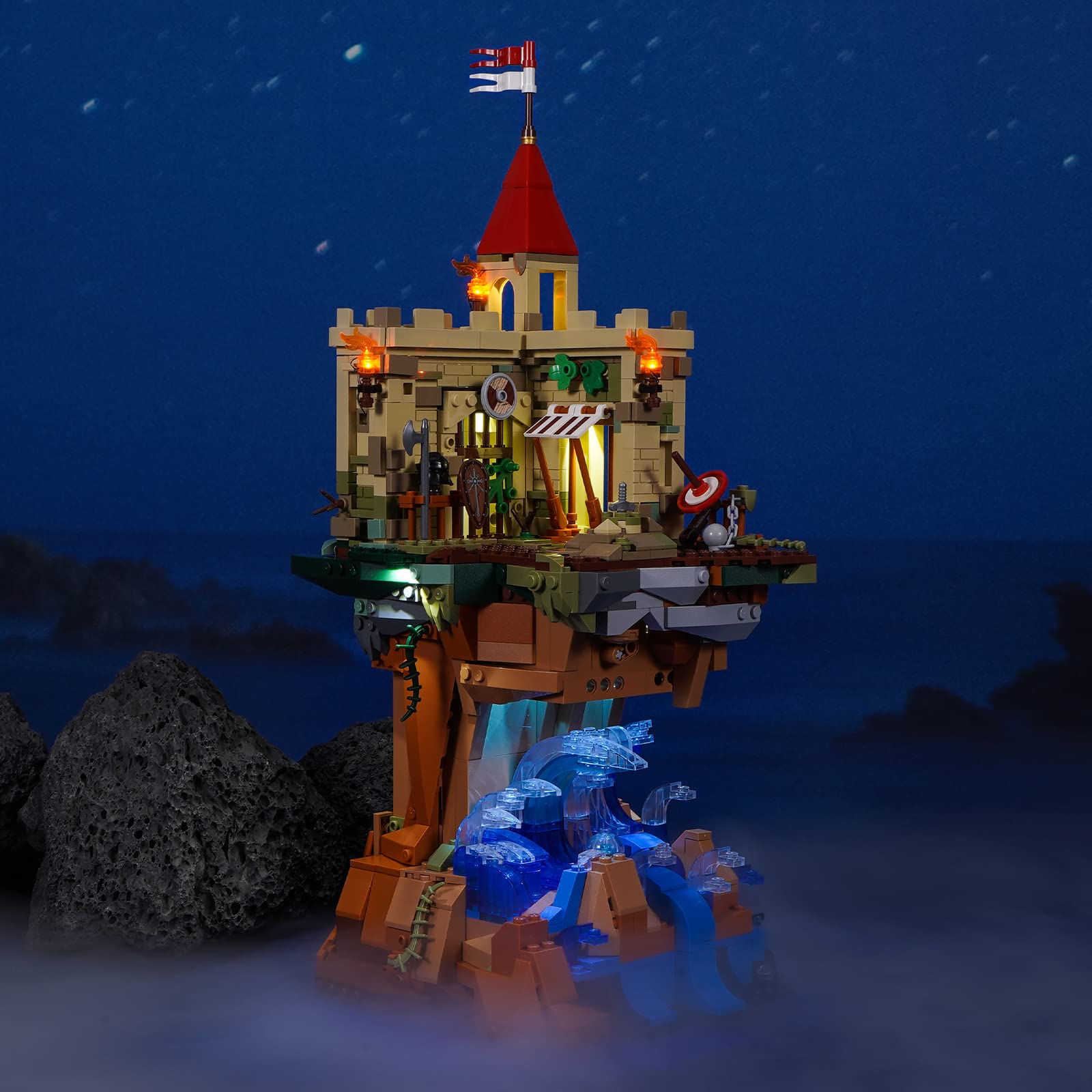 FUNWHOLE Lighting Building Bricks Set - Castle on The Cliff LED Light Construction Building Model Set 1044 Pcs for Adults and Teen