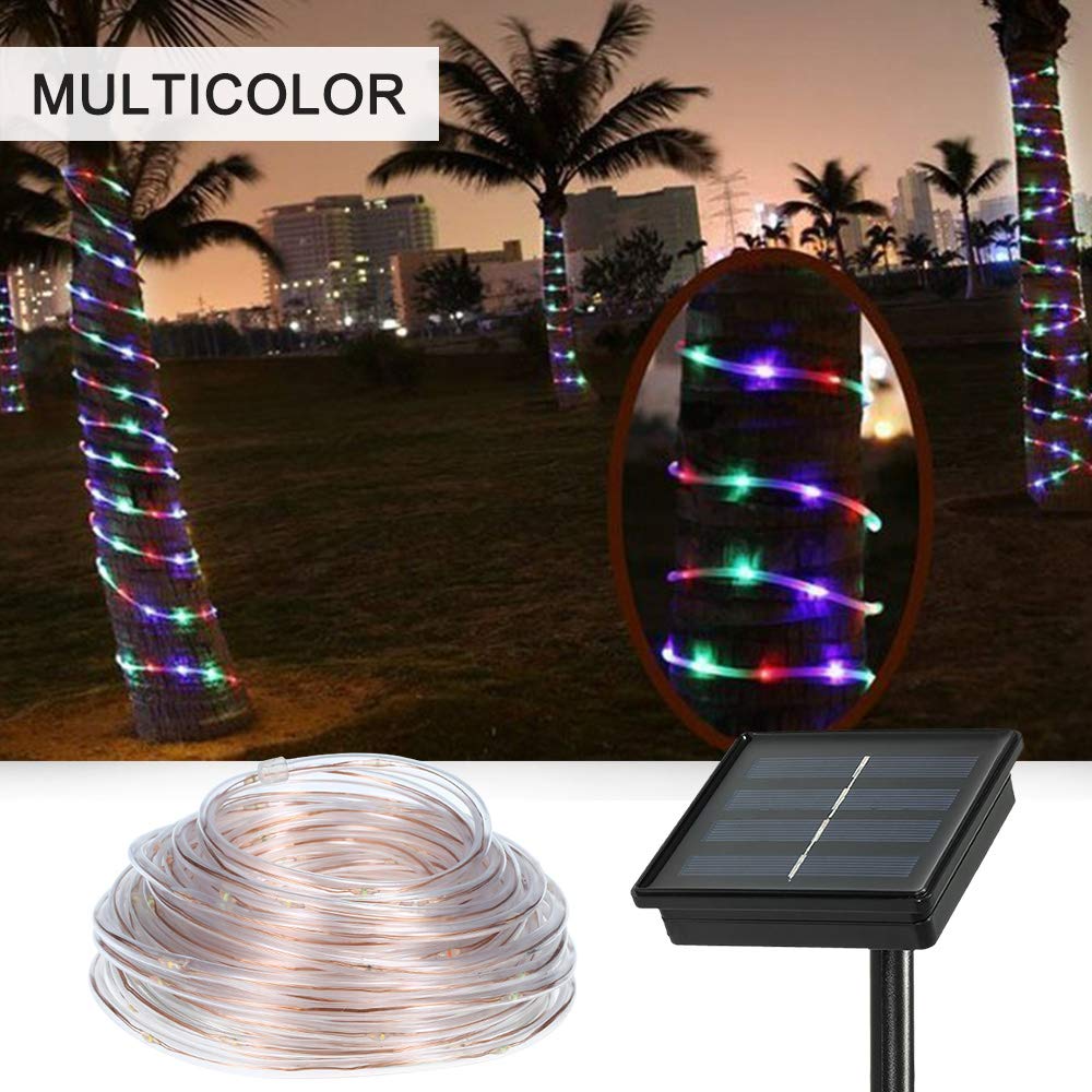 Decdeal Solar String Lights, 46ft 120 LED Rope Light 8 Modes Warm White Lights for Party Garden Home Festival Decoration