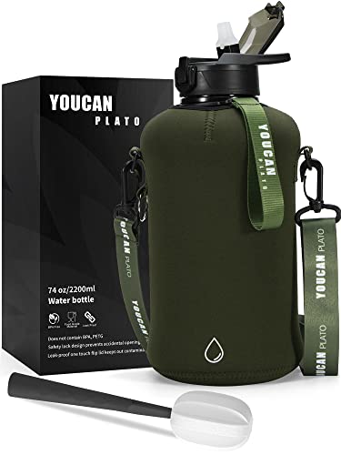 YOUCAN PLATO 64 oz Half Gallon Water Bottle with Sleeve-Large Water Bottle -Big Gym Water Bottle with Straw- Gallon Water Jug with Handle and Bottle Brush-BPA Free-2 Liter workout bottle, Army Green