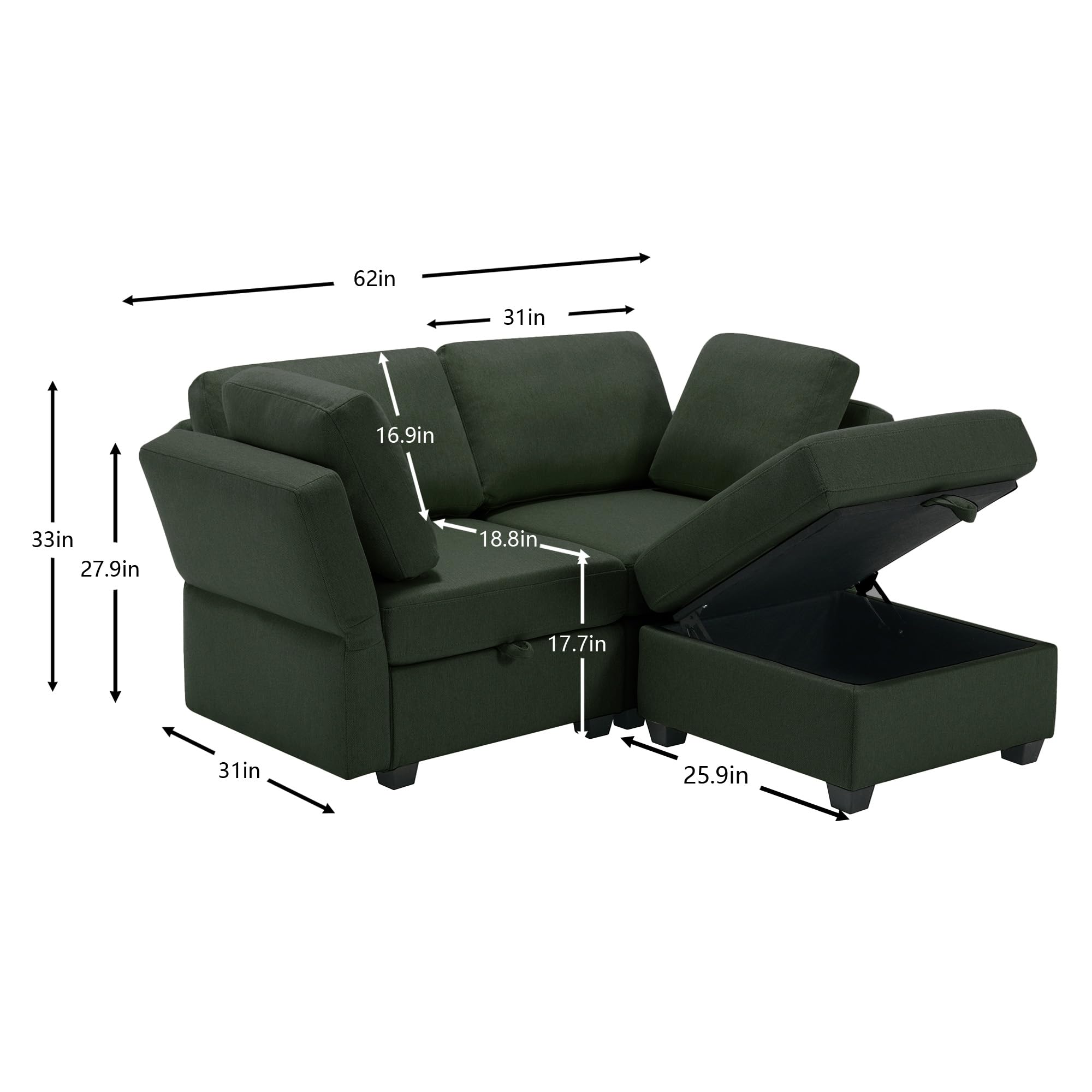 HZANHY Modular Sectional Sofa Couch with Storage Seat,Modern Linen Couch with Adjustable Arms and Backs Large Convertible Sofa with Ottoman for Living Room Apartment Office(Green 2seats+1Ottoman