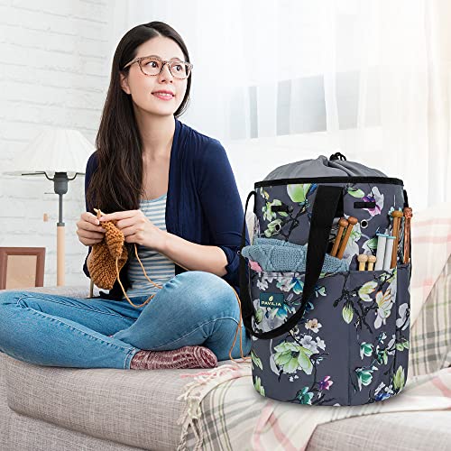 PAVILIA Knitting Bag Crochet Organizer Bag, Yarn Storage Tote, Knitting Accessories Supplies, Yarn Holder for Knitting with Grommets, Needles Hooks Essentials, Crochet Project Case (Floral Gray)