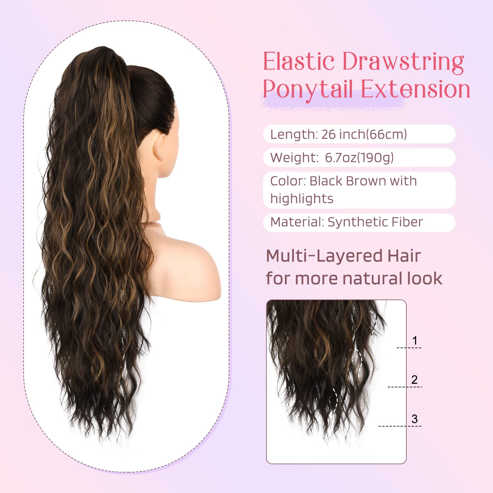 HOOJIH Ponytail Extension, Drawstring Ponytail Hair Extensions 26 Inch Long Curly Wavy Ponytail Natural Wavy Synthetic Hairpiece for Women Daily Use - Black Brown with highlights