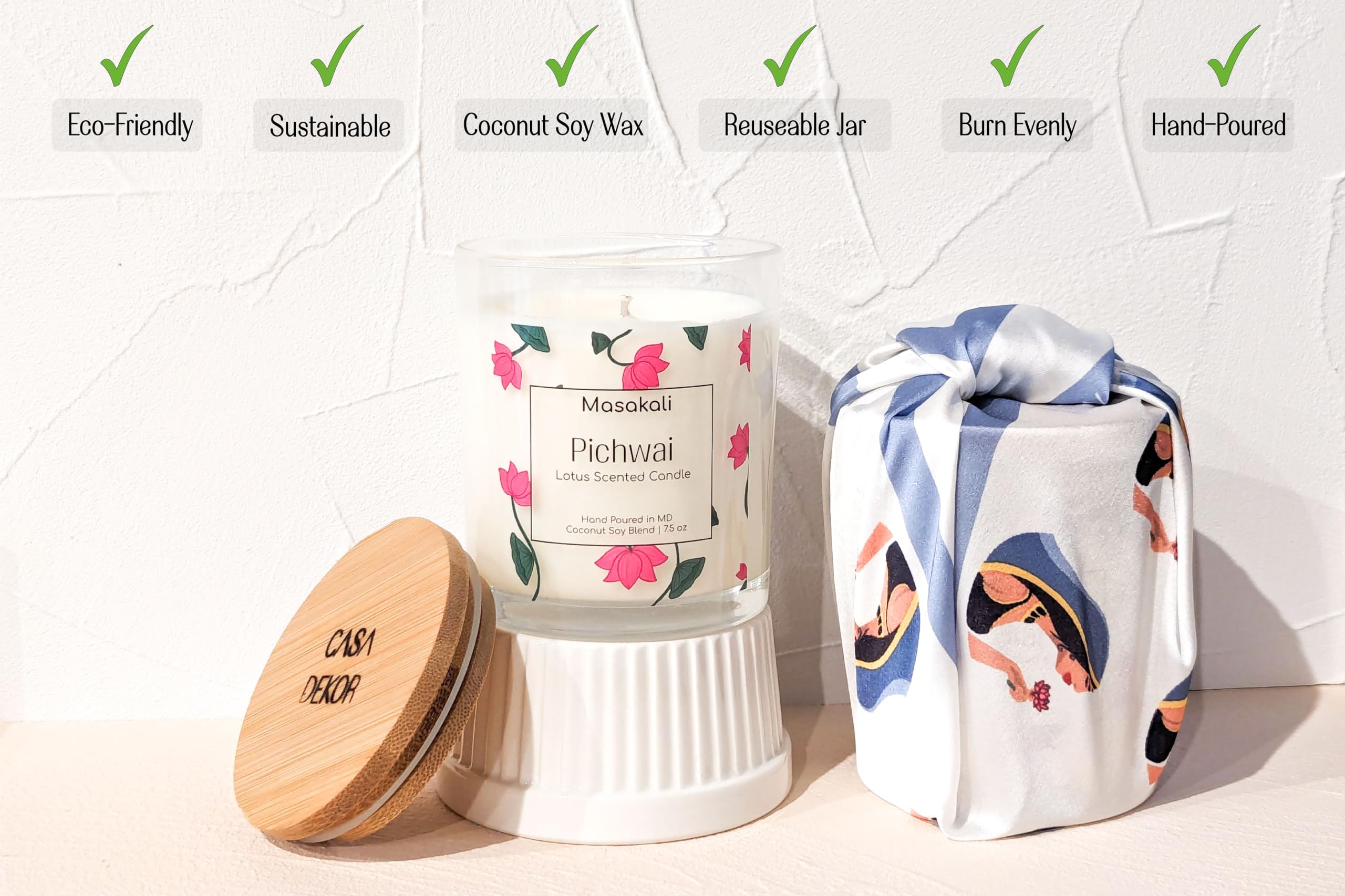 Pichwai - Masakali Collection from Casa Dekor. Handmade Lotus Scented Coconut Soy Wax Candle with Premium & Sustainable Ingredients. 7.5oz - Luxury Scented Candle
