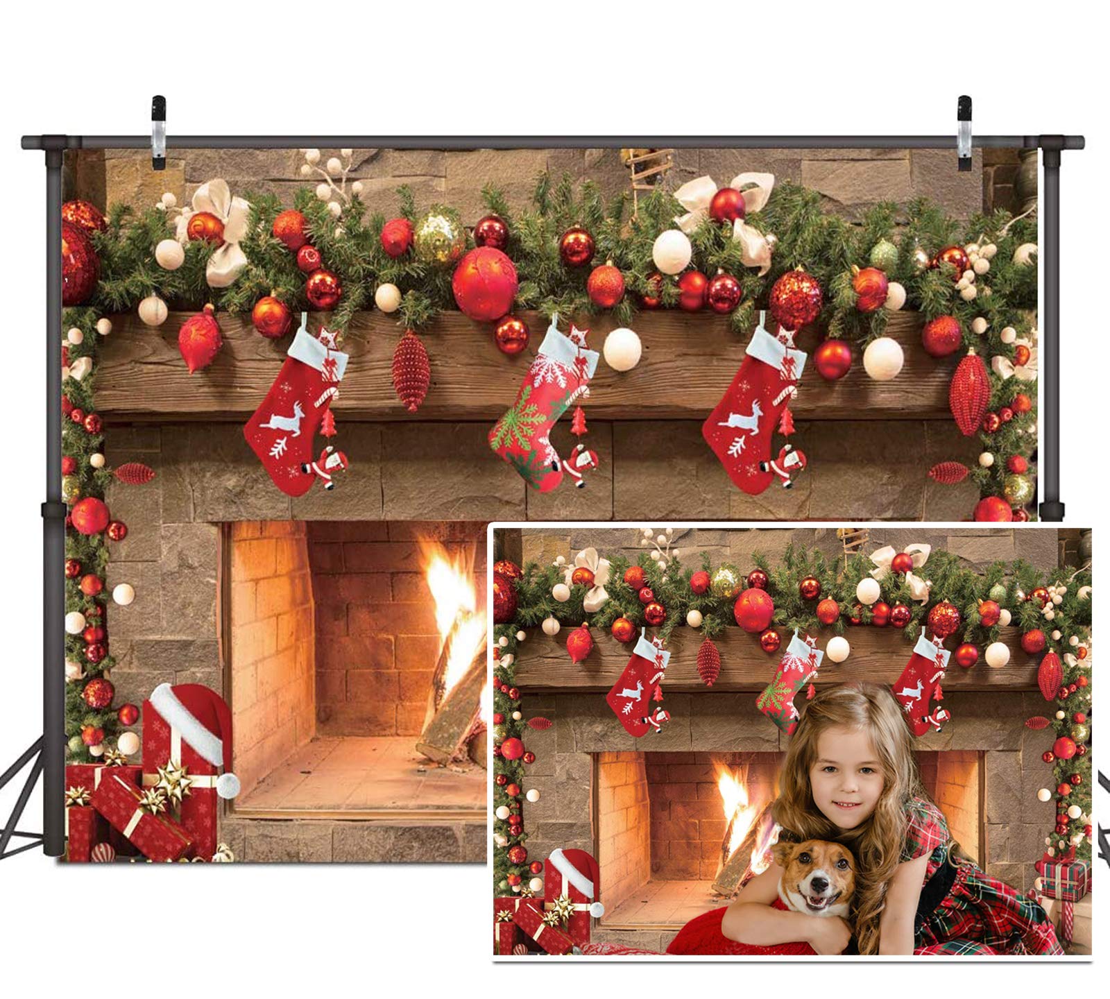 Dudaacvt 7x5ft Christmas Photography Backdrops Christmas Fireplace Decoration Background Family Party Birthday Baby Shower Decoration Photo Booth Props D469