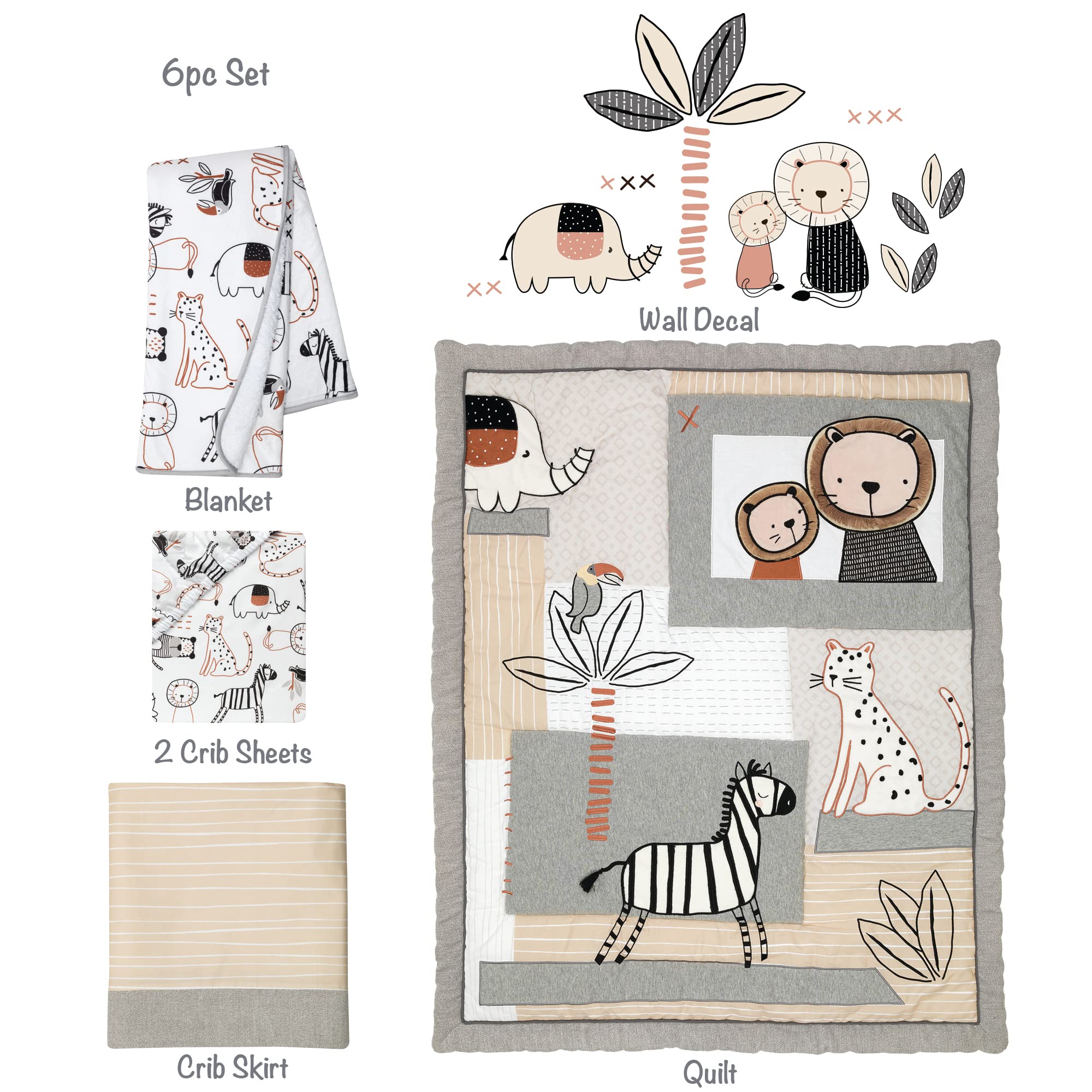 Lambs & Ivy Patchwork Jungle Animals 6-Piece Gray Nursery Baby Crib Bedding Set