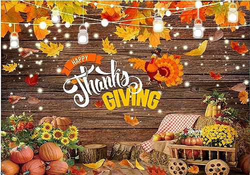 Dudaacvt 7x5ft Thanksgiving Photography Backdrop Rustic Wooden Floor Barn Harvest Background Thanksgiving Turkey Autumn Pumpkins Backdrop Thanksgiving Party Decoration Backdrop D643