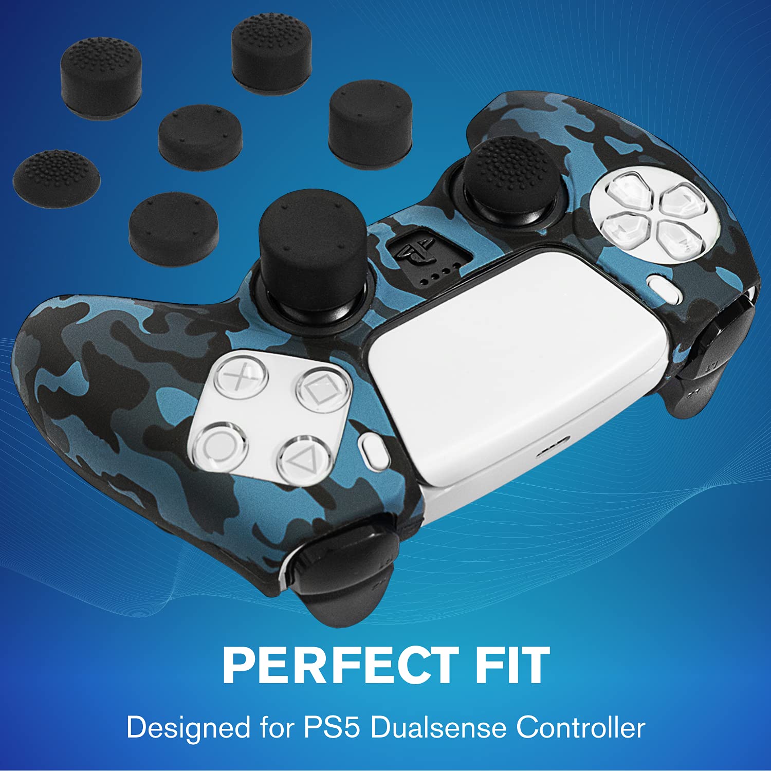 Fosmon Non-Slip Skin Protective Case Cover Compatible with Playstation PS5 DualSense Controller (2 Pack - Black), Sweat Proof Silicone Rubber Gel Skin with 8 Thumb Grips Analog Cap