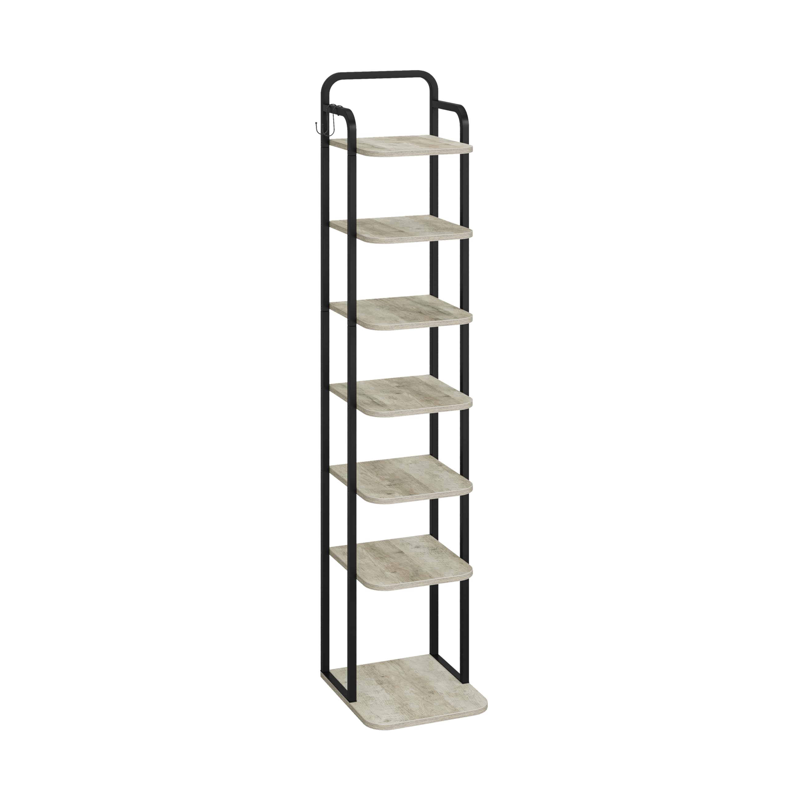 Hzuaneri Vertical Shoe Rack, Shoe Shelves, Wood Shoe Organizer for Closet, Entryway, Shoe Tower for Small Spaces, Free Standing, Adjustable, with 2 Hooks, 7 Tier Greige SR20205B