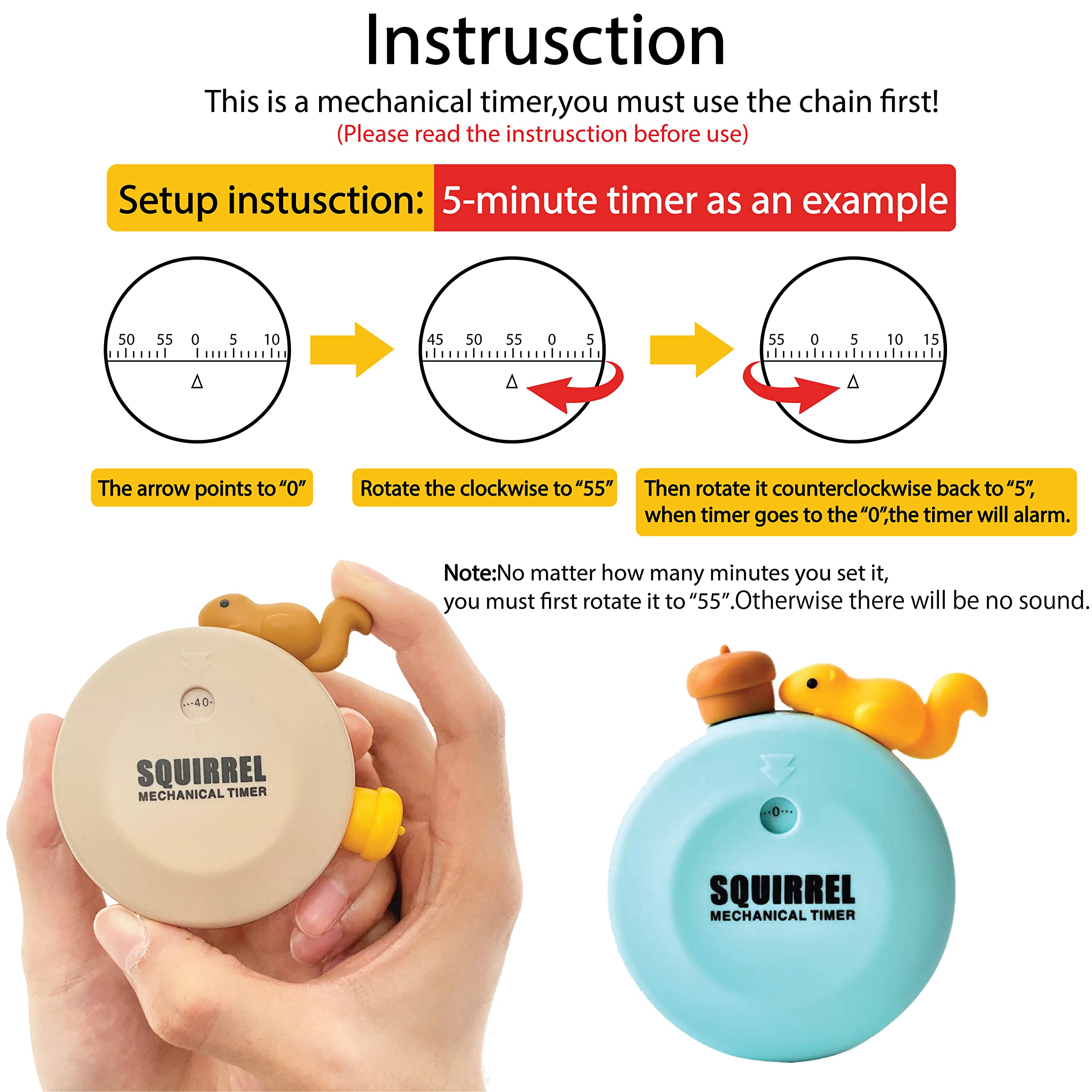 J-Artdope Timer for Kids,Magnetic Kitchen Timer,60-Minute Visual Timer,Cute Mechanical Timers for Classroom,Cooking,Reading,Gym,(Squirrel)-2 Pack