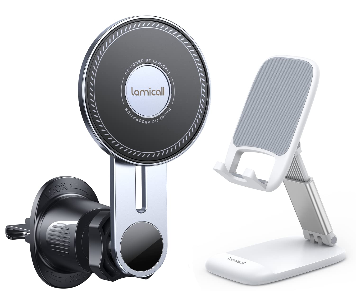 Lamicall Car Phone Mount & Foldable Phone Stand White -Bundle