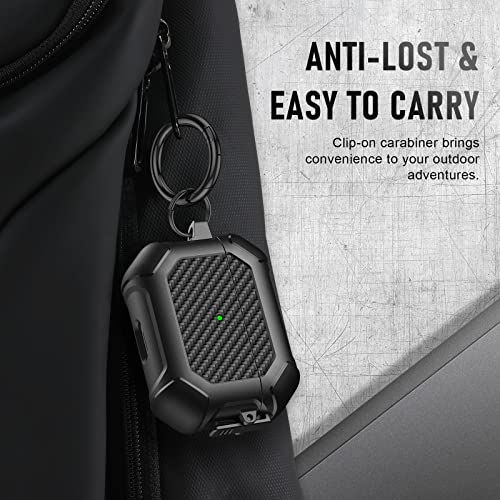 Maxjoy for AirPods Pro Case, Carbon Fiber Secure Lock Clip Full Body Shockproof Hard Shell Protective Case Cover with Keychain for Apple AirPod Pro (2019), Black