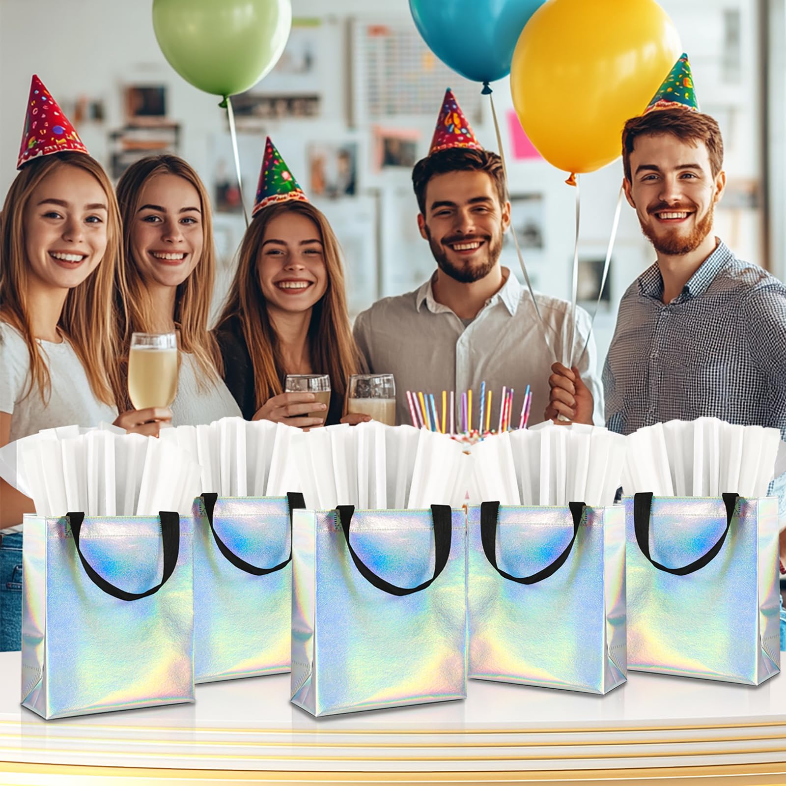 KeerxunBag 12pcs Reusable Gift Bags(Includes Tissue Paper) Gift bag with handle Birthdays Parties Holidays Weddings Medium 10x4x8in rainbow Gift Bags