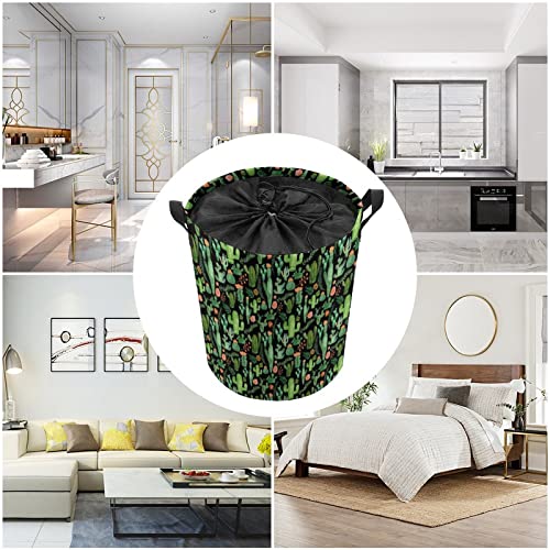 Green Cactus Laundry Basket Round Collapsible Storage Bin with Drawstring and Handle for Bedroom Bathroom Toys Room 17.3" X 13.8"