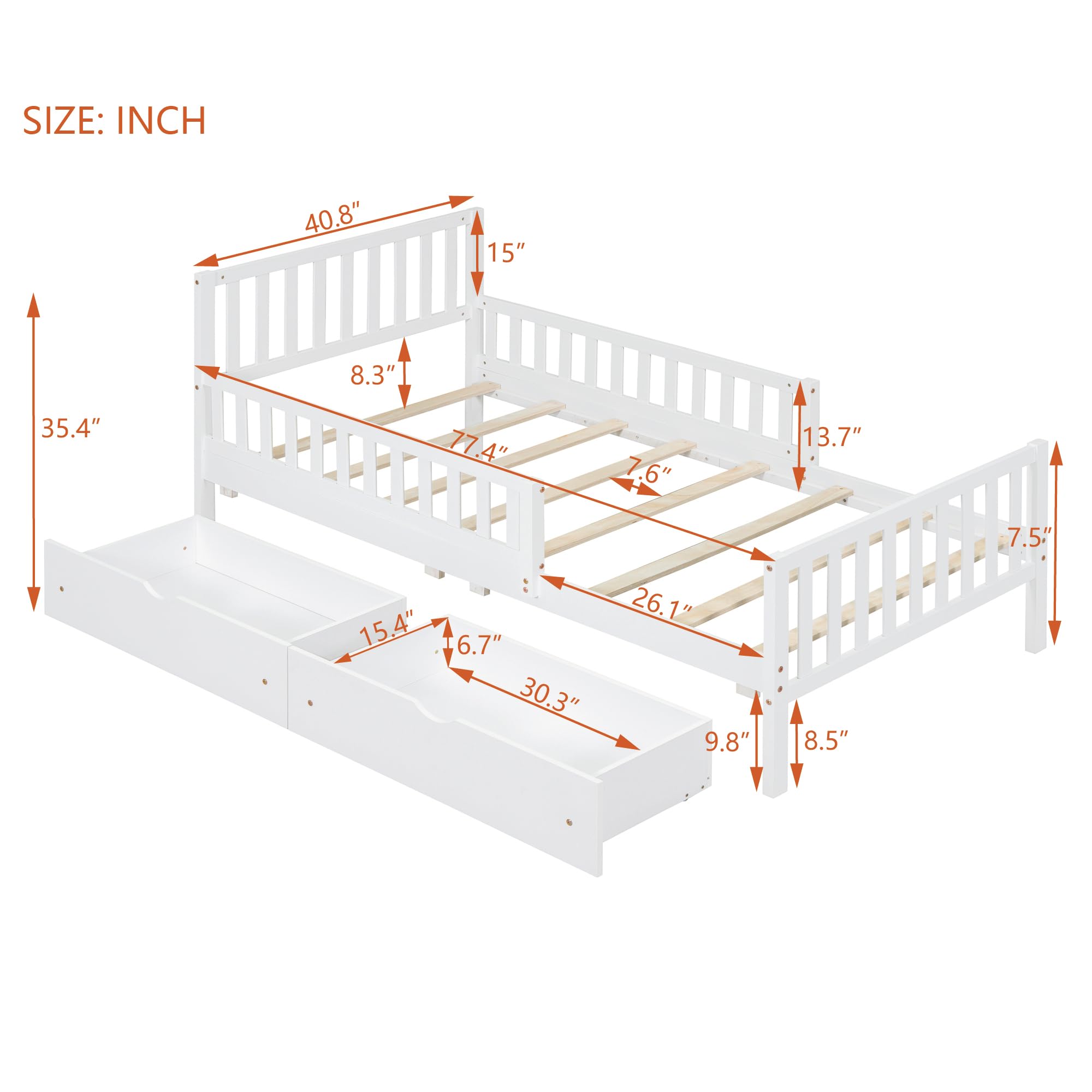 NCKMYB Kids Twin Bed with Guardrails, Low Platform Bed with Headboard and Footboard, White Children Bed Frame with 2 Drawers for Boy Girl
