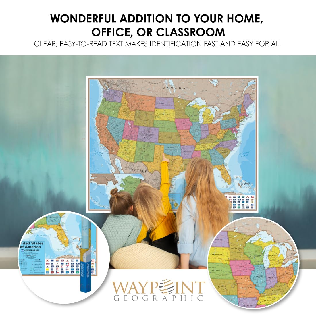 Waypoint Geographic Blue Ocean Series USA Wall Map, Laminated World Map Poster, Educational Wall Art For Home, Classroom, or Office, Unique Gifts, 48β x 38β