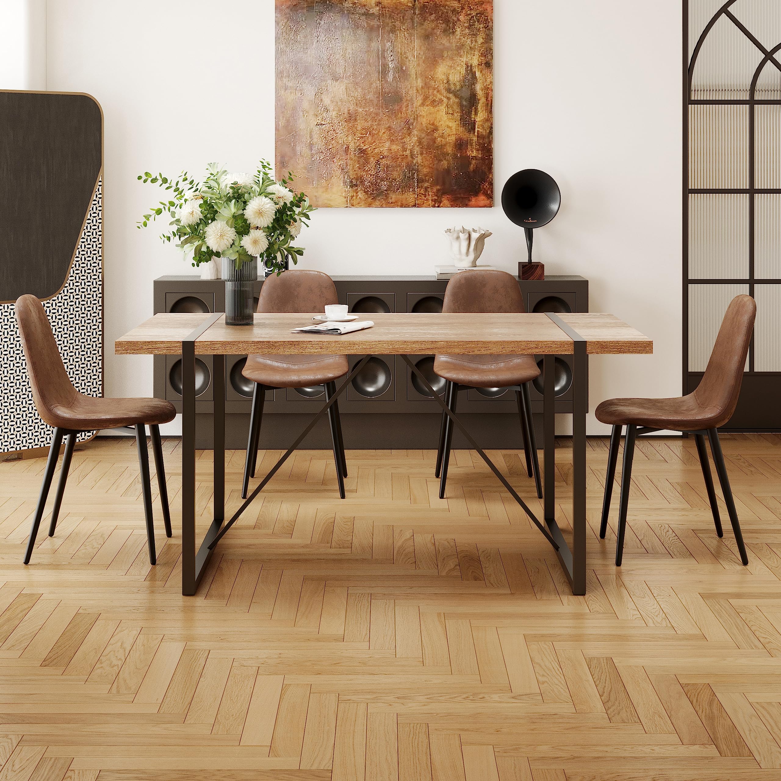 MUUOKY Dining Table Set for 4, Modern 55'' Wood Dining Table, Fabric Dining Chairs 4,Table and Chairs Set of 4,Ideal for Kitchen Dining Room