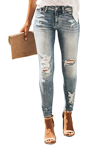 KUNMI Women's Ripped Boyfriend Slim Fit Jeans Frayed Distressed Stretchy Denim Pants