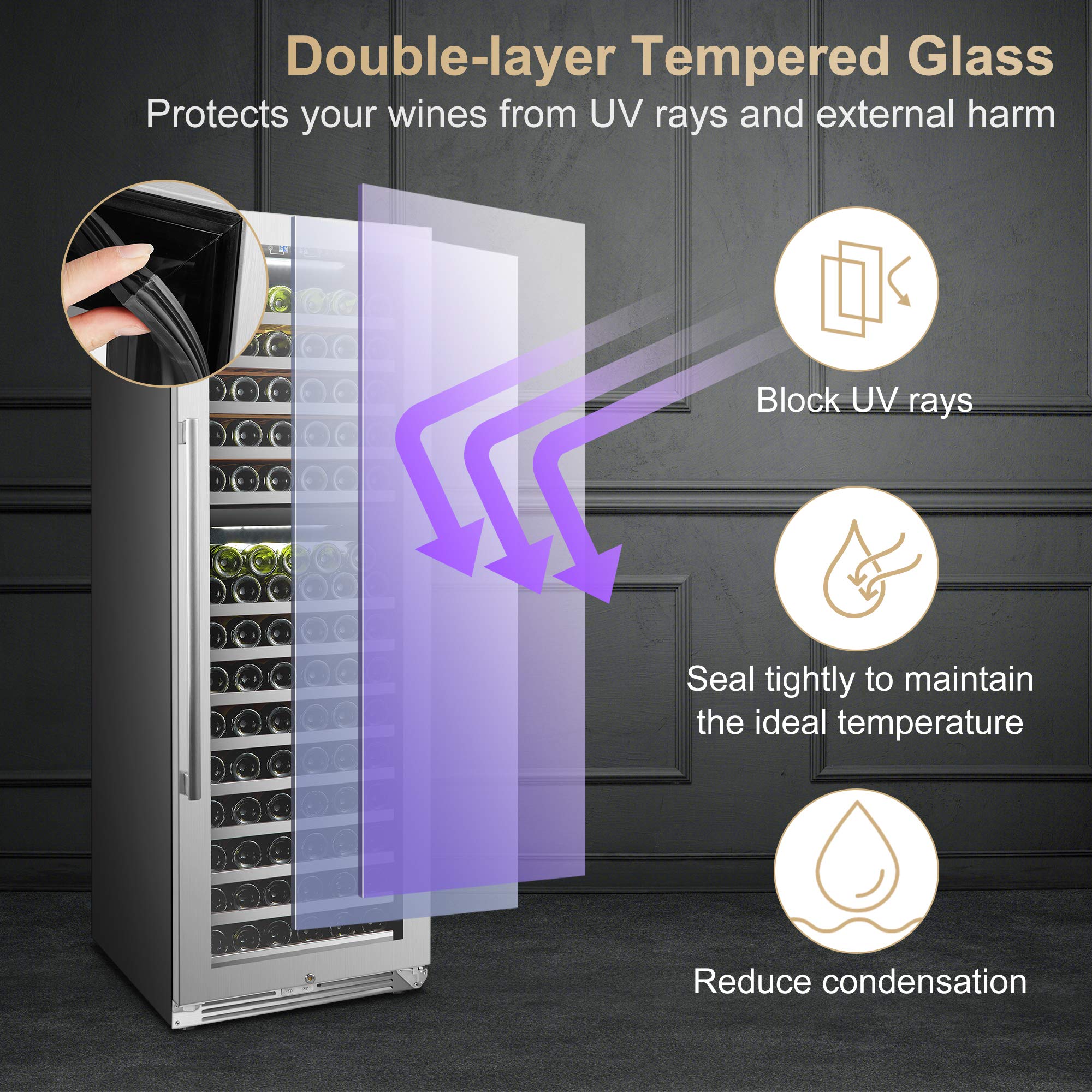 LANBOPRO Wine Cooler Refrigerator 153 Bottle Built-in Dual Zone Wine Cooler, Seamless Stainless Steel Trimmed Door, 24 Inch