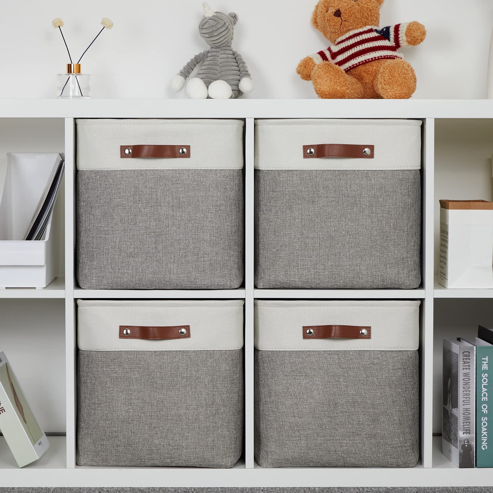 DULLEMELO Collapsible Bundle Baskets 4 Cube Baskets 13"x13"x13" + 6 Small Baskets 11.8"x7.9"x5.1"(White&Grey