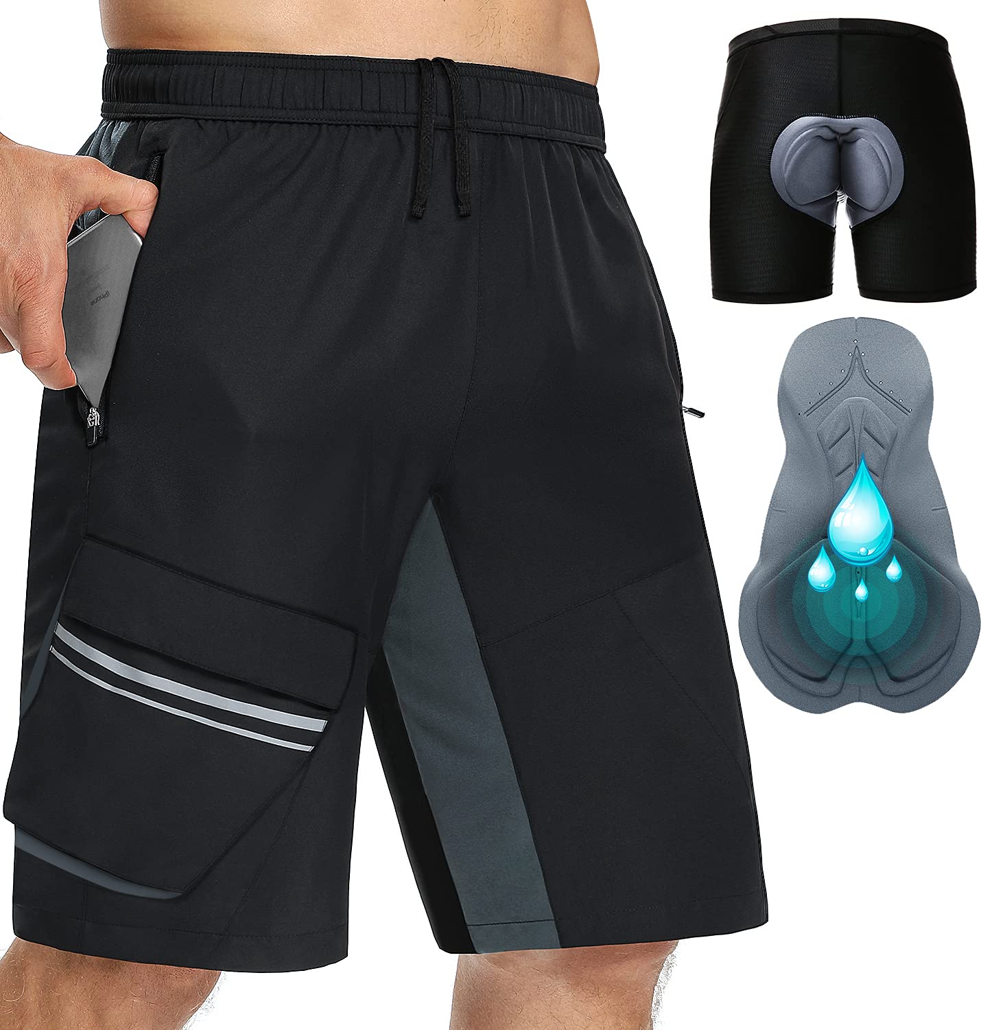 Freetrack Men's Mountain Bike Shorts 3D Padded MTB with Removable Lightweight Cycling Shorts Bicycle Riding Loose-fit Short Black